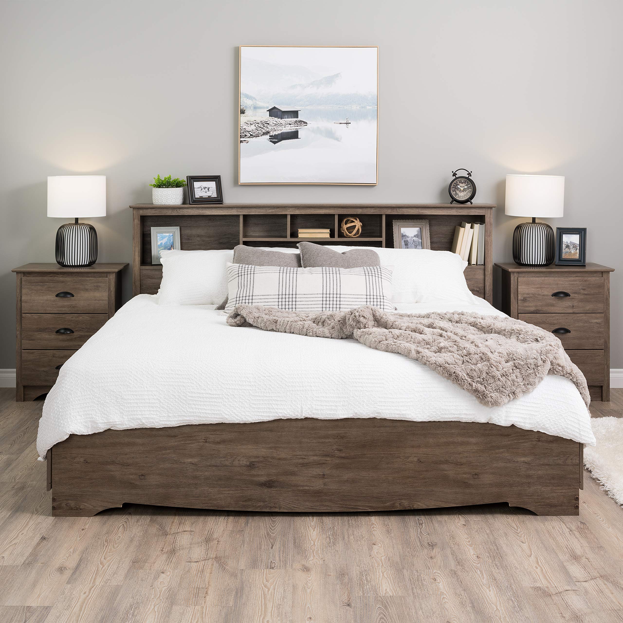 Prepac King Size Bed Headboard: Stylish Drifted Gray King Headboard with Bookcase for King Size Beds, Freestanding (81.5" W x 43" H x 11" D) - DSH-8445