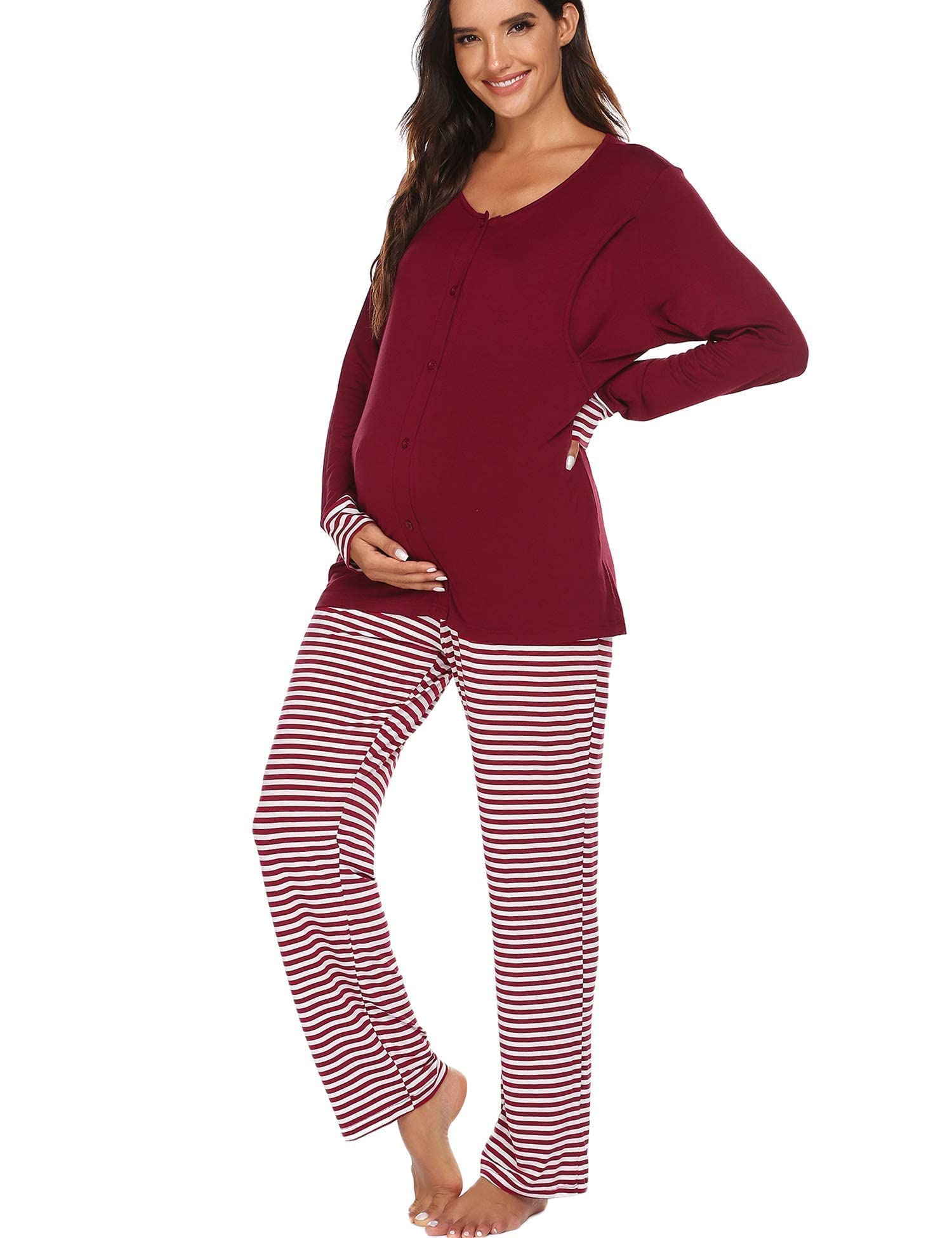 Ekouaer Maternity Nursing Pajama Set Long Sleeves Breastfeeding Sleepwear Soft Hospital Pregnancy pjs Sets L Wine Red