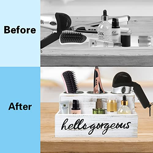 Rustic White Hair Dryer Holder, Curling Iron Holder Hair Tool Organizer, Hair Product Organizer, Hair Styling Tools Accessories Organizer, Blow Dryer Holder for Bathroom Countertop Vanity Storage