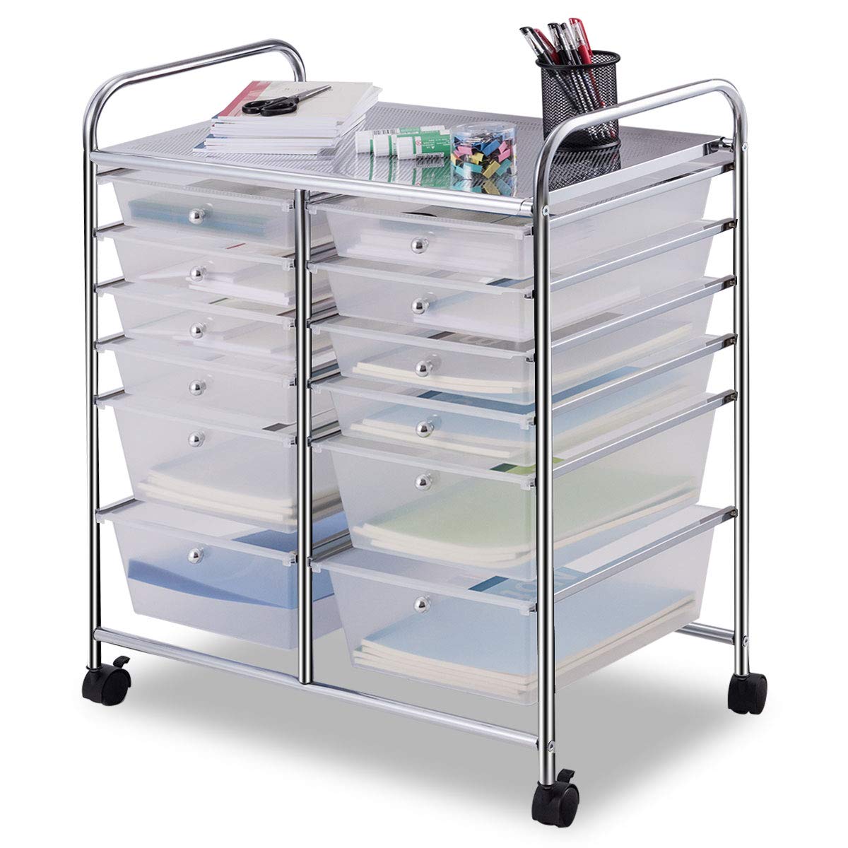Happygrill 12-Drawer Organizer Cart Tools, Office School Paper Organizer Rolling Storage Cart with wheels