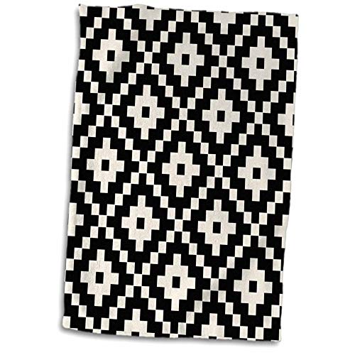 3dRose 15x22 Hand Towel, Aztec block pattern in black and cream color