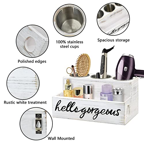 Rustic White Hair Dryer Holder, Curling Iron Holder Hair Tool Organizer, Hair Product Organizer, Hair Styling Tools Accessories Organizer, Blow Dryer Holder for Bathroom Countertop Vanity Storage