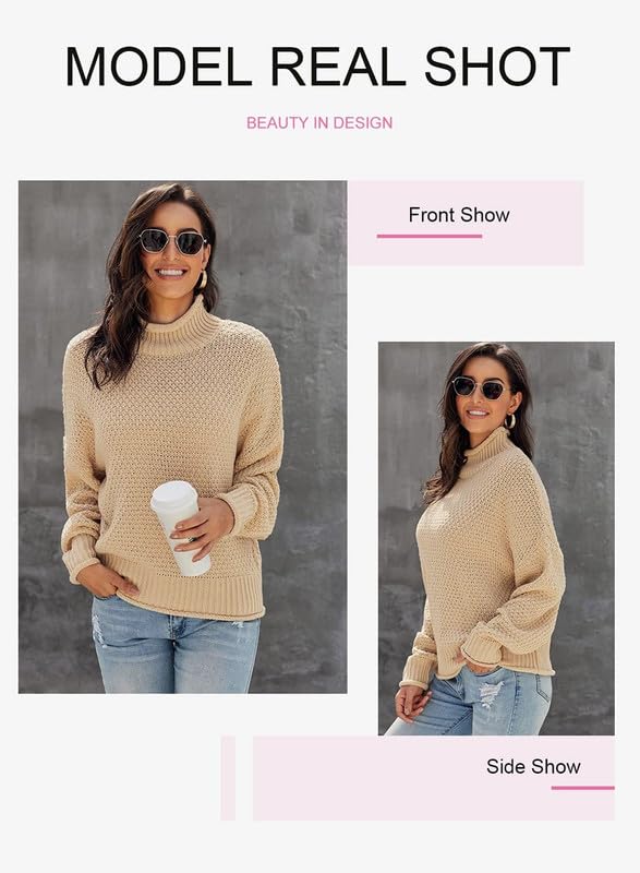 Dokotoo Womens Fall Fashion 2024 High Neck Sweaters Batwing Long Sleeve Solid Winter Clothes Basic Casual Loose Oversized Chunky Knit Pullovers Sweaters Jumper Blouses Apricot Large