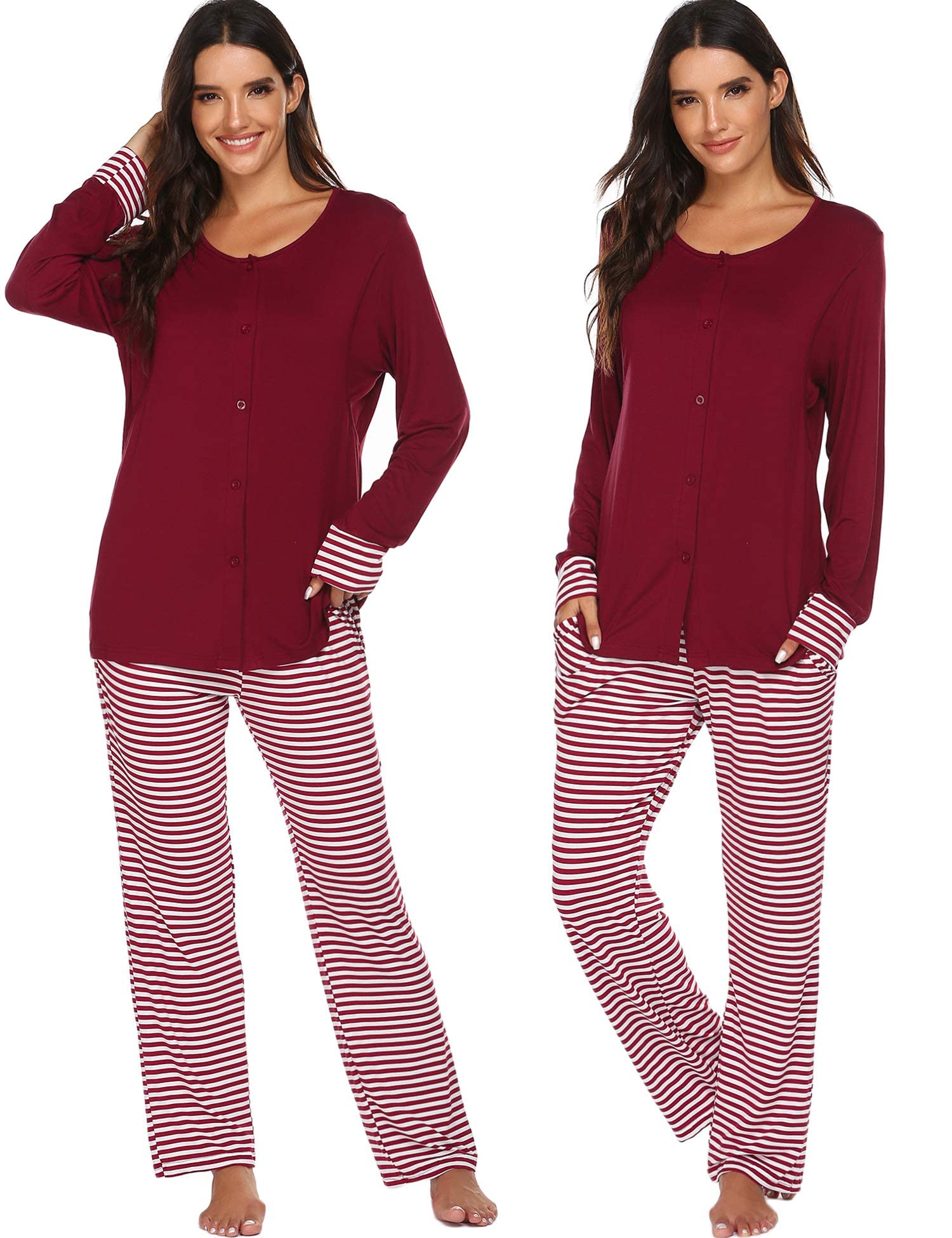 Ekouaer Maternity Nursing Pajama Set Long Sleeves Breastfeeding Sleepwear Soft Hospital Pregnancy pjs Sets L Wine Red