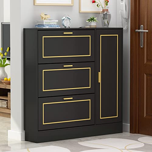 FUFU&GAGA Shoe Cabinet with 3 Flip Drawers & 1 Storage Cabinet, Modern Shoe Storage Cabinet for Entryway, Freestanding Shoe Rack Storage Organizer (Black, 47.2”W x 9.5”D x 47.2”H)