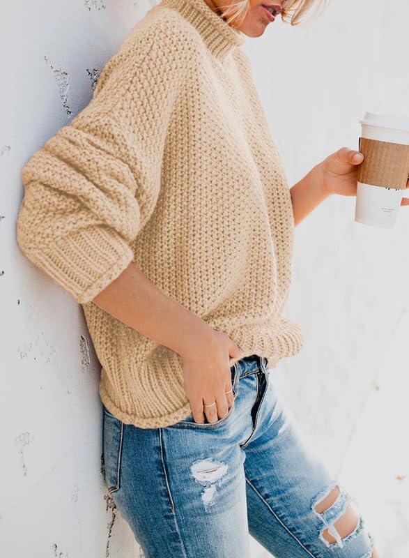 Dokotoo Womens Fall Fashion 2024 High Neck Sweaters Batwing Long Sleeve Solid Winter Clothes Basic Casual Loose Oversized Chunky Knit Pullovers Sweaters Jumper Blouses Apricot Large