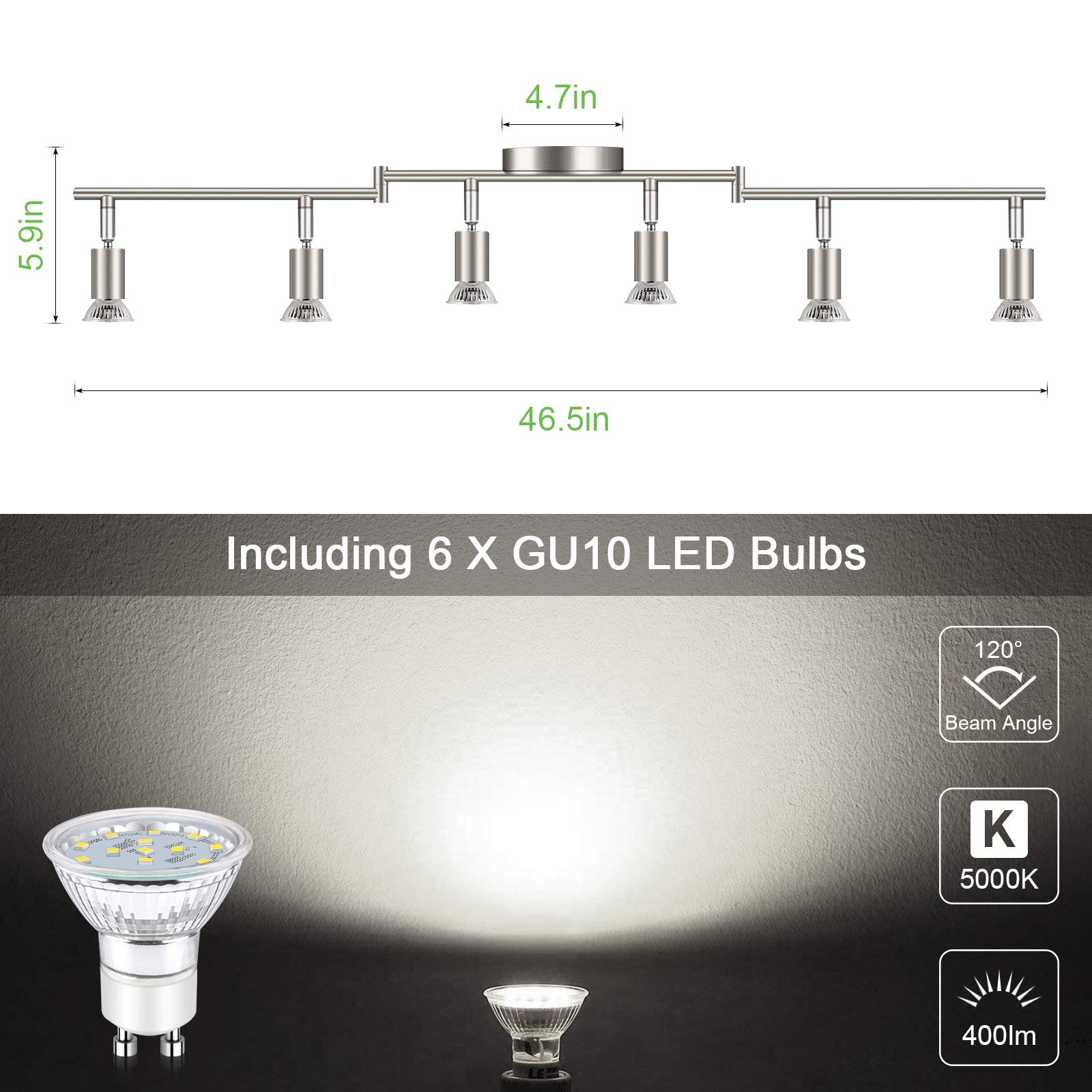 Unicozin LED 6 Light Track Lighting Kit, Matt Nickel 6 Way Ceiling Spot Lighting, Flexibly Rotatable Light Head, Modern Track Light Included 6 x LED GU10 Bulb (4W, Daylight White 5000K, 400LM)