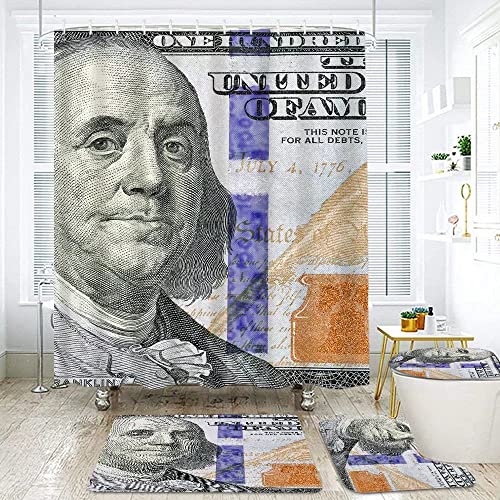 Money Shower Curtain Sets Non-Slip Rug,Toilet Lid Cover and Bath Mat 100 Dollar Bill USA Money Curtains Vintage Hundred Dollar Bathroom Set Fabric Shower Curtain for Bathtub with Plastic 12 Hooks
