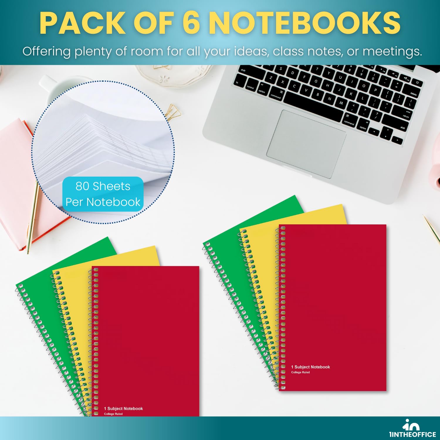 1InTheOffice 1-Subject Wirebound Notebook, College Ruled, 80 Sheets, Spiral Notebook 5x7, 7 3/4" x 5", 6/Pk (6)