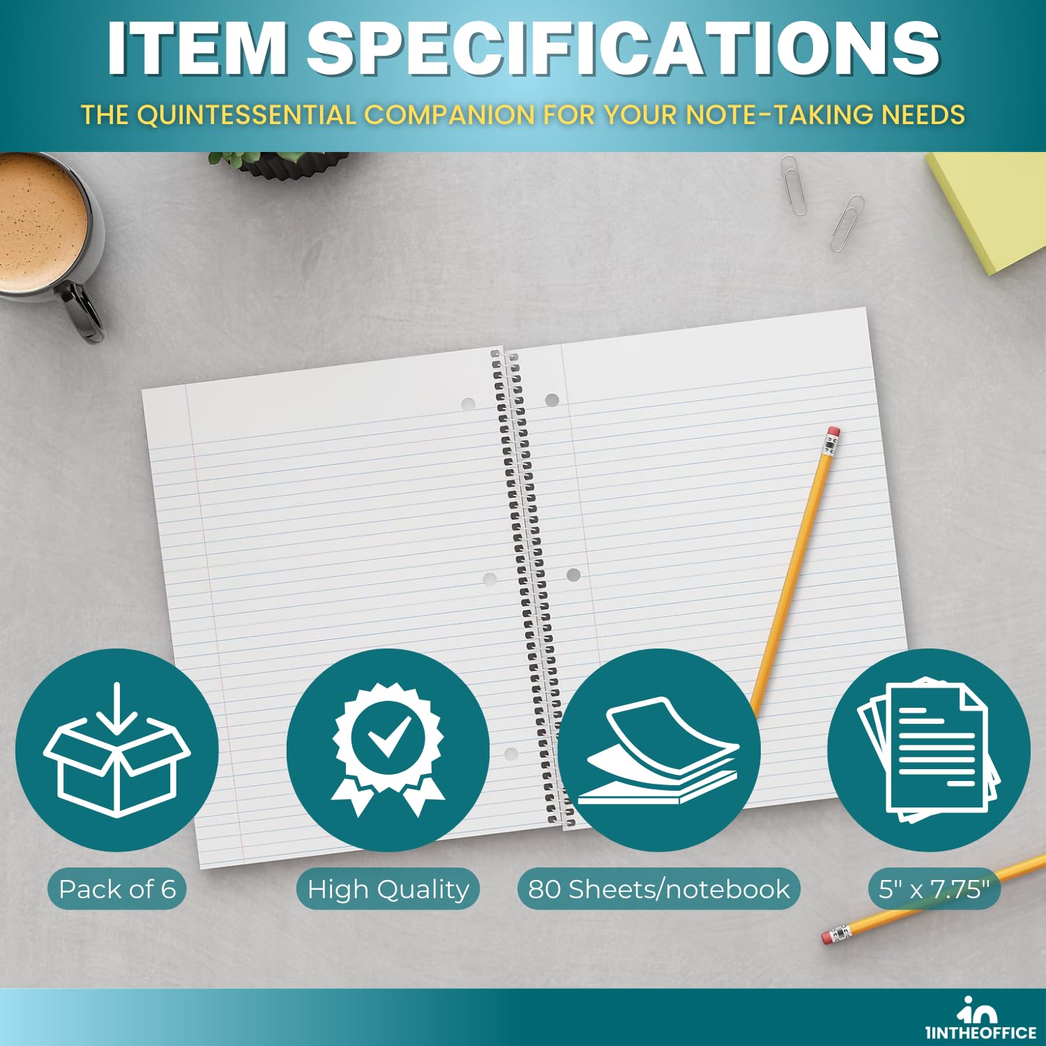 1InTheOffice 1-Subject Wirebound Notebook, College Ruled, 80 Sheets, Spiral Notebook 5x7, 7 3/4" x 5", 6/Pk (6)