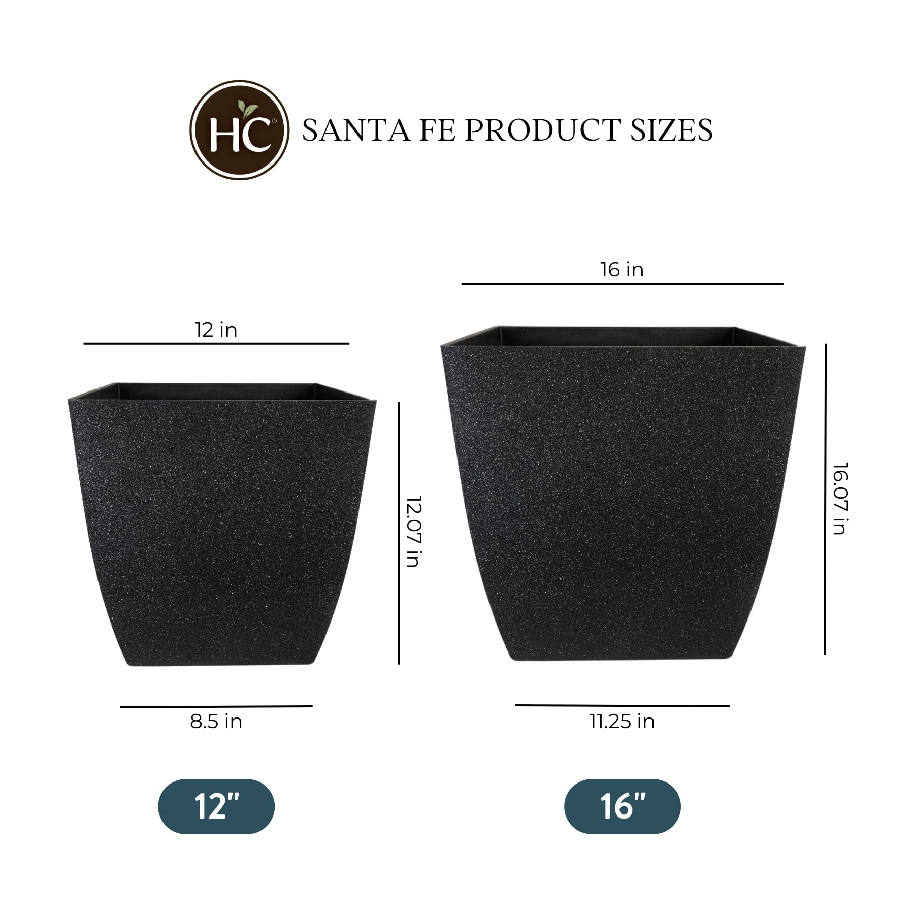 The HC Companies 12 Inch Santa Fe Square Self Watering Planter - Decorative Lightweight Plant Pot with Drainage Hole for Indoor Outdoor Use, Black Sand