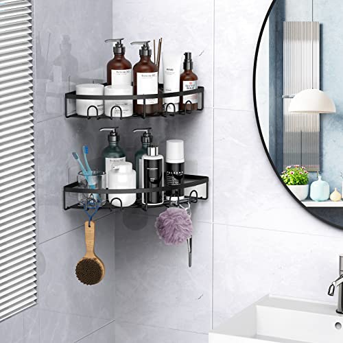 Kerisgo Corner Shower Caddy, 2 Pack Adhesive Bathroom Shower Corner Organizer Shelf, No Drilling Rustproof Wall Mounted Shower Storage Rack Shampoo Holder Organizer (Black)