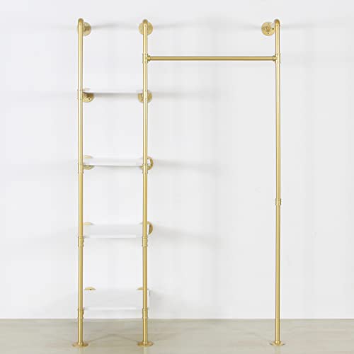 EDCB Garment Rack Heavy Duty Clothes Rack for Hanging Clothes, Metal Freestanding Closet Wardrobe Rack, Gold Industrial Pipe Clothing Rack with Shelves Closet Rods System