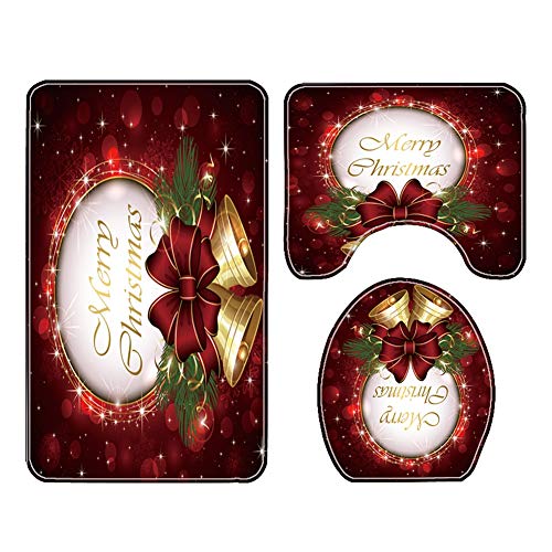 ZanLa Christmas Shower 4PCS Set Merry Christmas Shower Curtain Bathroom Floor Mat Base Mat Toilet Mat Christmas Bathroom Decoration
