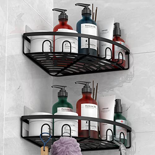 Kerisgo Corner Shower Caddy, 2 Pack Adhesive Bathroom Shower Corner Organizer Shelf, No Drilling Rustproof Wall Mounted Shower Storage Rack Shampoo Holder Organizer (Black)