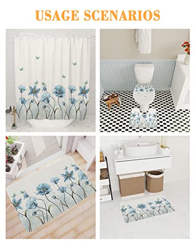EwdeWwo Spring 4 Piece Shower Curtain Sets with Non-Slip Rugs, Toilet Lid Cover and Bath Mat, Blue Butterfly with Flowers Shower Curtain with 12 Hooks, Durable and Waterproof