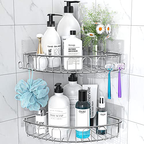 Orimade Corner Shower Caddy Stainless Steel with Hooks Wall Mounted Bathroom Shelf Storage Organizer Adhesive No Drilling 2 Pack, Only for 90-Degree Corner