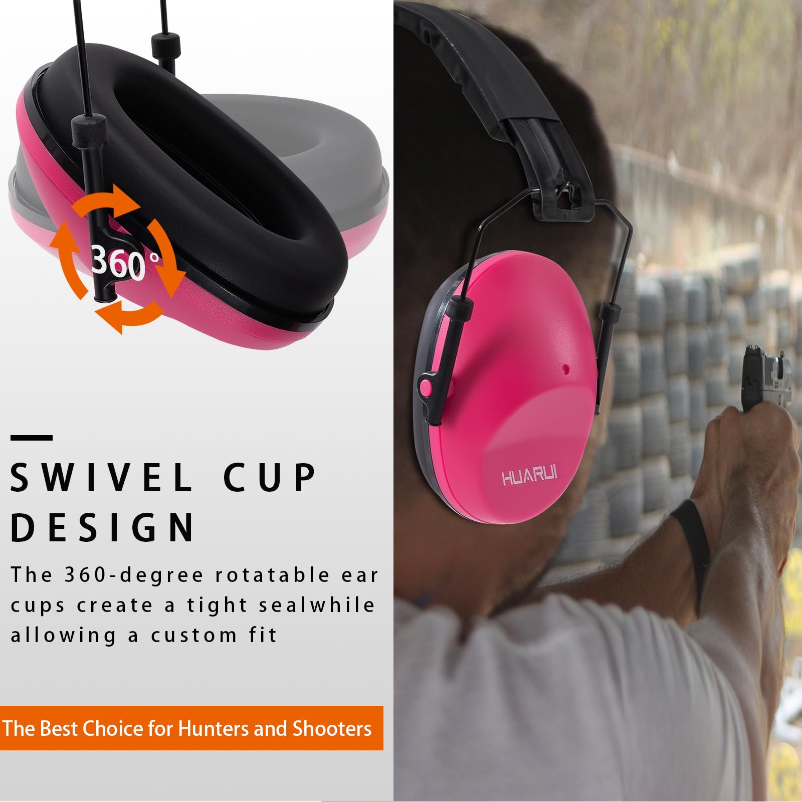 HUARUI Noise Cancelling Ear Muffs, Ear Protection Safety Earmuffs for Shooting, Noise Reduction for Adults Kids Autism Hearing Protection (Pink)