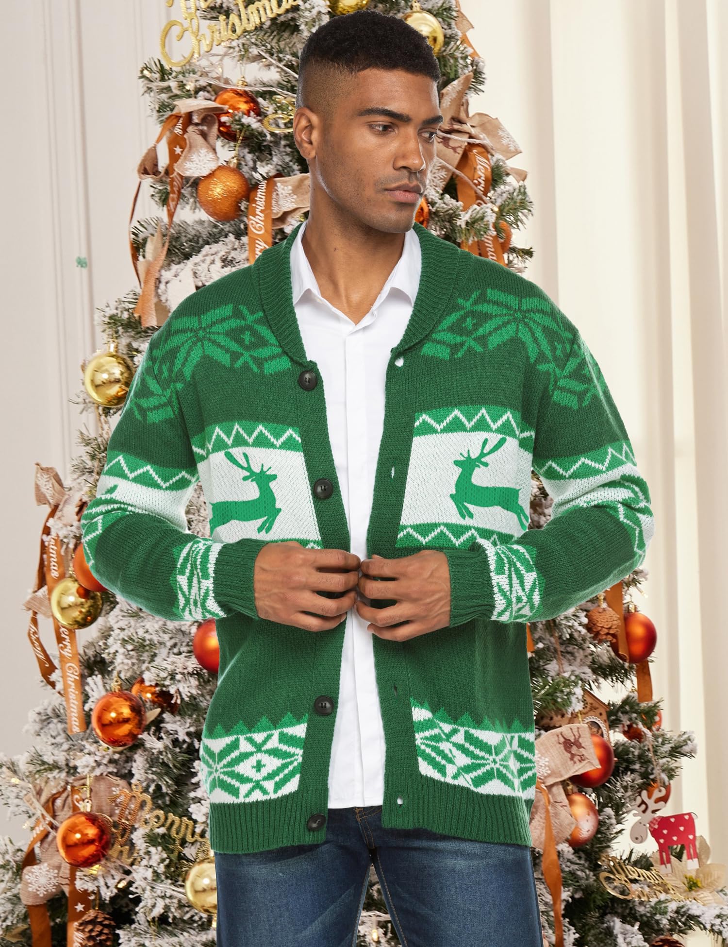 COOFANDY Mens Ugly Christmas Xmas Cardigan Sweater X-Mas Shawl Collar Button Front Knit Sweaters (Green L)
