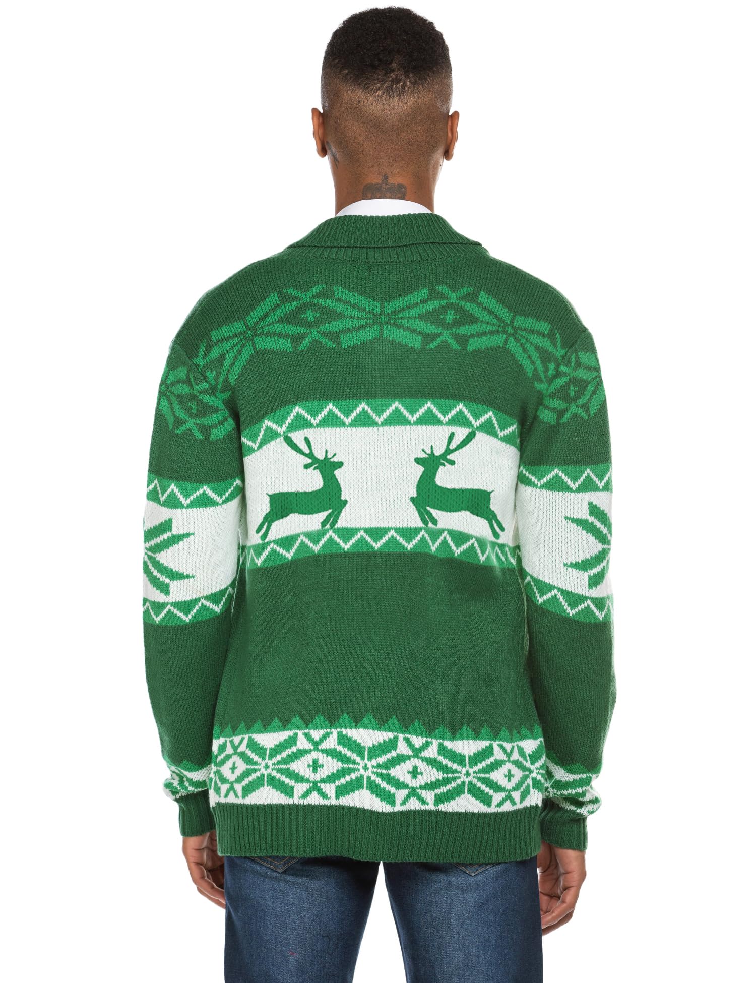 COOFANDY Mens Ugly Christmas Xmas Cardigan Sweater X-Mas Shawl Collar Button Front Knit Sweaters (Green L)