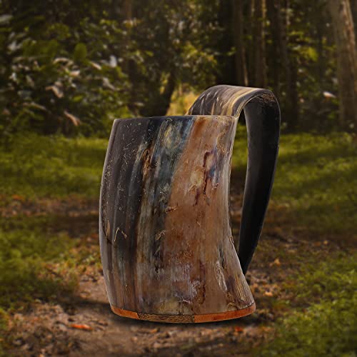 Eleet Original Viking Drinking Horn Mug - 20 Oz Wood Base Extra Large Medieval Inspired Cup Unpolished Natural & Real Horn Tankard (20 Oz Jumbo Unpolished)