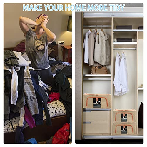 Tasmegol Foldable Clothes Storage Bins Stackable Steel Frame Closet Containers Organizer Bags Linen Cloth Clothing Box for Sweater Bedding Blanket（Beige 3 Pack 100L）