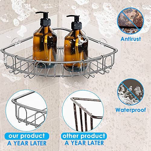 Orimade Corner Shower Caddy Stainless Steel with Hooks Wall Mounted Bathroom Shelf Storage Organizer Adhesive No Drilling 2 Pack, Only for 90-Degree Corner