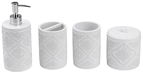 Kralix 4 Piece White Bathroom Accessories Set, Modern White Soap Dispenser Set, White Toothbrush Holder Set, Tumbler and Qtip Holder, Embossed White Bathroom Decor Accessory Set, Accesorios para Baño