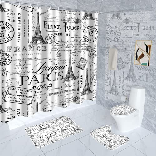 Blmiflwe 4Pcs Paris Shower Curtain Sets Bathroom Set Decor with Non-Slip Rugs Toilet Lid Cover Bath Mat,Paris Eiffel Tower Waterproof Bathroom Curtains Shower Set with 12 Hooks 65" x 70 "
