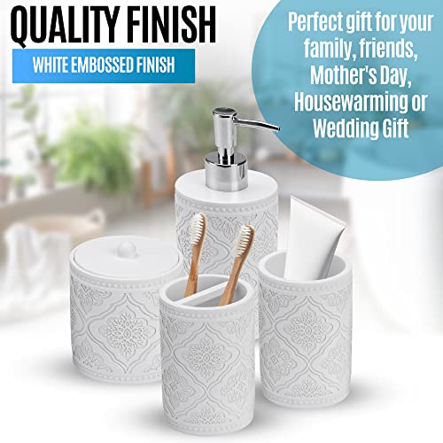 Kralix 4 Piece White Bathroom Accessories Set, Modern White Soap Dispenser Set, White Toothbrush Holder Set, Tumbler and Qtip Holder, Embossed White Bathroom Decor Accessory Set, Accesorios para Baño