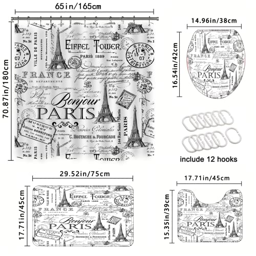 Blmiflwe 4Pcs Paris Shower Curtain Sets Bathroom Set Decor with Non-Slip Rugs Toilet Lid Cover Bath Mat,Paris Eiffel Tower Waterproof Bathroom Curtains Shower Set with 12 Hooks 65" x 70 "