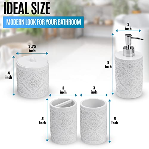 Kralix 4 Piece White Bathroom Accessories Set, Modern White Soap Dispenser Set, White Toothbrush Holder Set, Tumbler and Qtip Holder, Embossed White Bathroom Decor Accessory Set, Accesorios para Baño