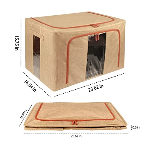 Tasmegol Foldable Clothes Storage Bins Stackable Steel Frame Closet Containers Organizer Bags Linen Cloth Clothing Box for Sweater Bedding Blanket（Beige 3 Pack 100L）