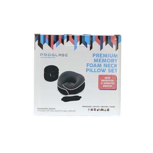 Proglobe Orthopedic Neck Pillow, Travel Neck Pillows for Airplanes, Memory Foam Kit, 360° Head Support, Airplane Pillow Set with 3D Contoured Eye Masks, Earplugs, and Luxury Mesh Bag (Black)