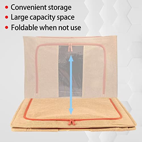 Tasmegol Foldable Clothes Storage Bins Stackable Steel Frame Closet Containers Organizer Bags Linen Cloth Clothing Box for Sweater Bedding Blanket（Beige 3 Pack 100L）