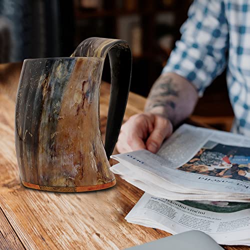 Eleet Original Viking Drinking Horn Mug - 20 Oz Wood Base Extra Large Medieval Inspired Cup Unpolished Natural & Real Horn Tankard (20 Oz Jumbo Unpolished)