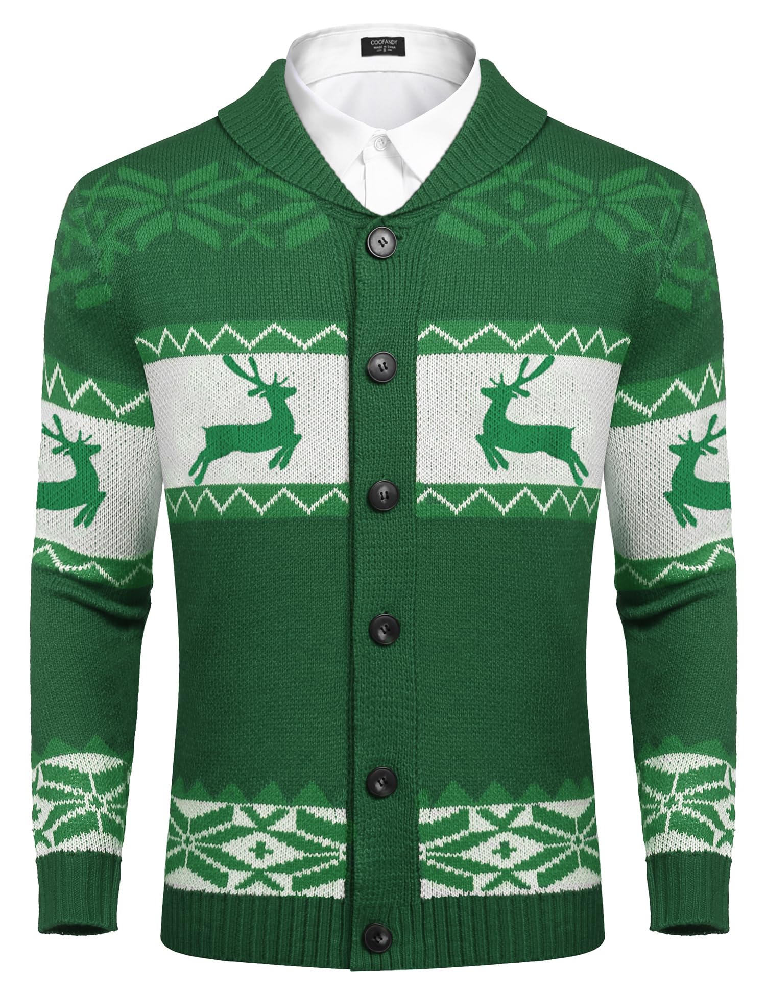 COOFANDY Mens Ugly Christmas Xmas Cardigan Sweater X-Mas Shawl Collar Button Front Knit Sweaters (Green L)