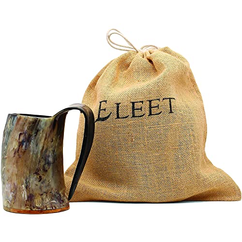 Eleet Original Viking Drinking Horn Mug - 20 Oz Wood Base Extra Large Medieval Inspired Cup Unpolished Natural & Real Horn Tankard (20 Oz Jumbo Unpolished)