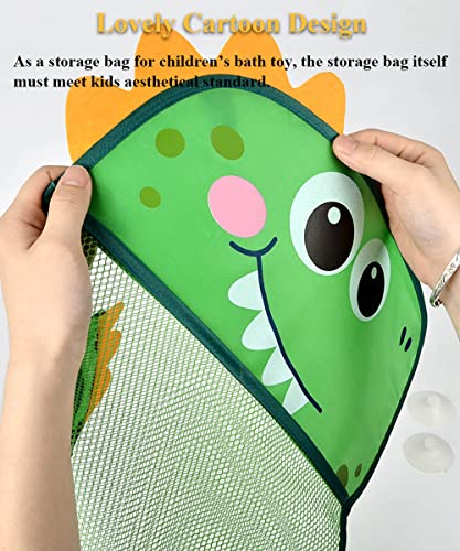 NEXTAKE Baby Bath Toy Organizer, Lovely Cartoon 2 Sided Mesh Hanging Bathtub Toy Holder Quick Dry Mesh Storage Box Large Capacity Tub Toy Storage Bag with 2 Strong Suction Cup Hooks (Dinosaur)