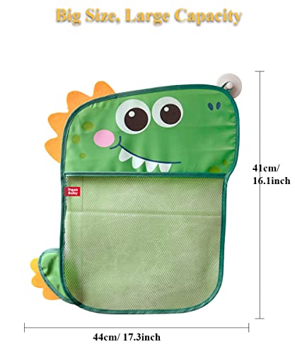 NEXTAKE Baby Bath Toy Organizer, Lovely Cartoon 2 Sided Mesh Hanging Bathtub Toy Holder Quick Dry Mesh Storage Box Large Capacity Tub Toy Storage Bag with 2 Strong Suction Cup Hooks (Dinosaur)
