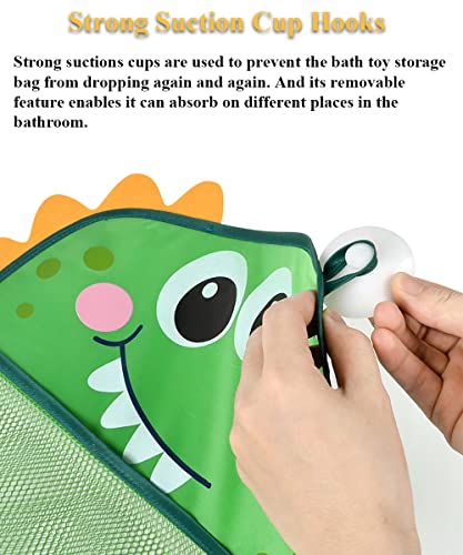 NEXTAKE Baby Bath Toy Organizer, Lovely Cartoon 2 Sided Mesh Hanging Bathtub Toy Holder Quick Dry Mesh Storage Box Large Capacity Tub Toy Storage Bag with 2 Strong Suction Cup Hooks (Dinosaur)