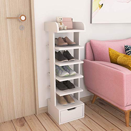 BURENMTO 6-Tier Vertical Shoe Rack for Closet, Narrow Shoe Rack for Entryway Tall Shoe Rack Organizer for Small Spaces Corner Small Shoe Rack White