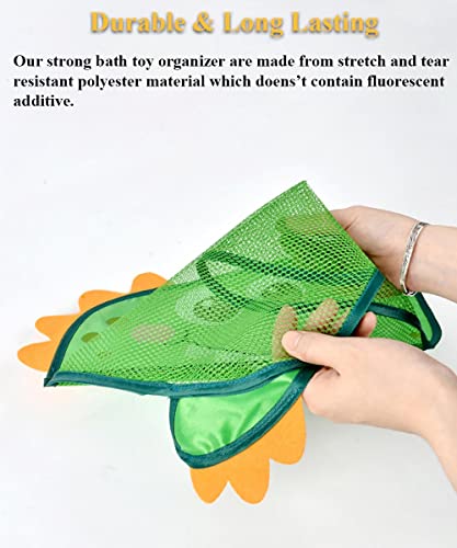 NEXTAKE Baby Bath Toy Organizer, Lovely Cartoon 2 Sided Mesh Hanging Bathtub Toy Holder Quick Dry Mesh Storage Box Large Capacity Tub Toy Storage Bag with 2 Strong Suction Cup Hooks (Dinosaur)