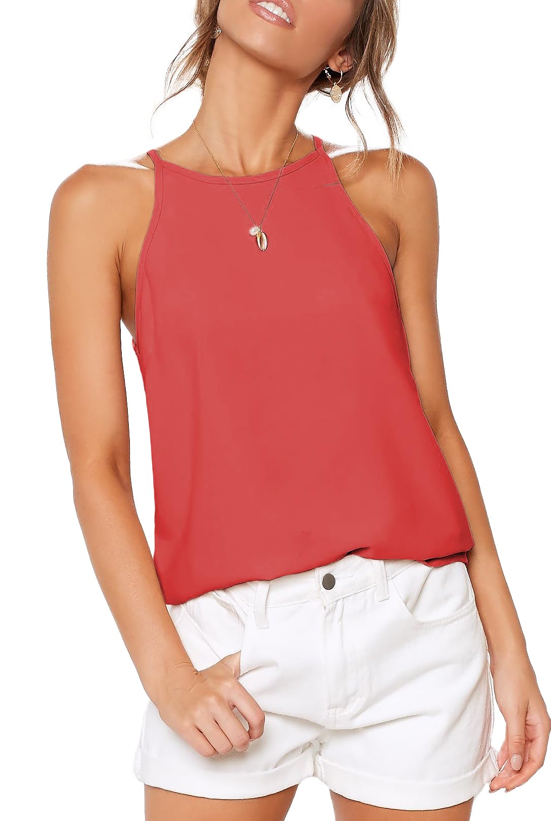 LouKeith Womens Tees Halter Tank Tops Summer Sleeveless Shirts Workout Yoga Racerback Casual Basic Cute Beach Blouses Coral L