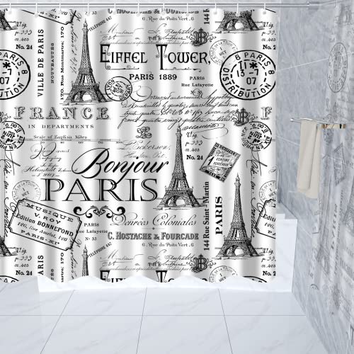 Blmiflwe 4Pcs Paris Shower Curtain Sets Bathroom Set Decor with Non-Slip Rugs Toilet Lid Cover Bath Mat,Paris Eiffel Tower Waterproof Bathroom Curtains Shower Set with 12 Hooks 65" x 70 "