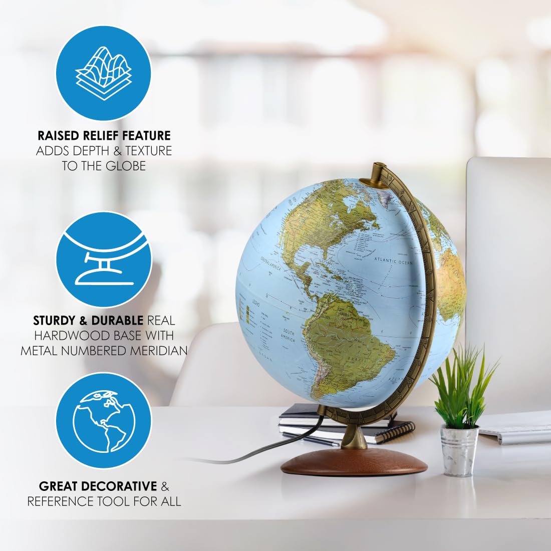 Waypoint Geographic Illuminated Desk Globe with Stand and Raised Relief Features - 1,000's of Up-to-Date Named Places & Points of Interest - Wood Stand (Blue)