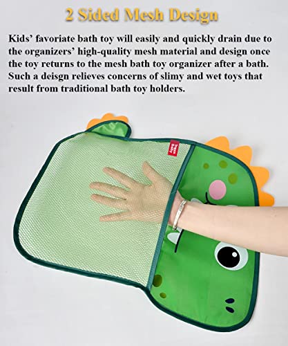 NEXTAKE Baby Bath Toy Organizer, Lovely Cartoon 2 Sided Mesh Hanging Bathtub Toy Holder Quick Dry Mesh Storage Box Large Capacity Tub Toy Storage Bag with 2 Strong Suction Cup Hooks (Dinosaur)