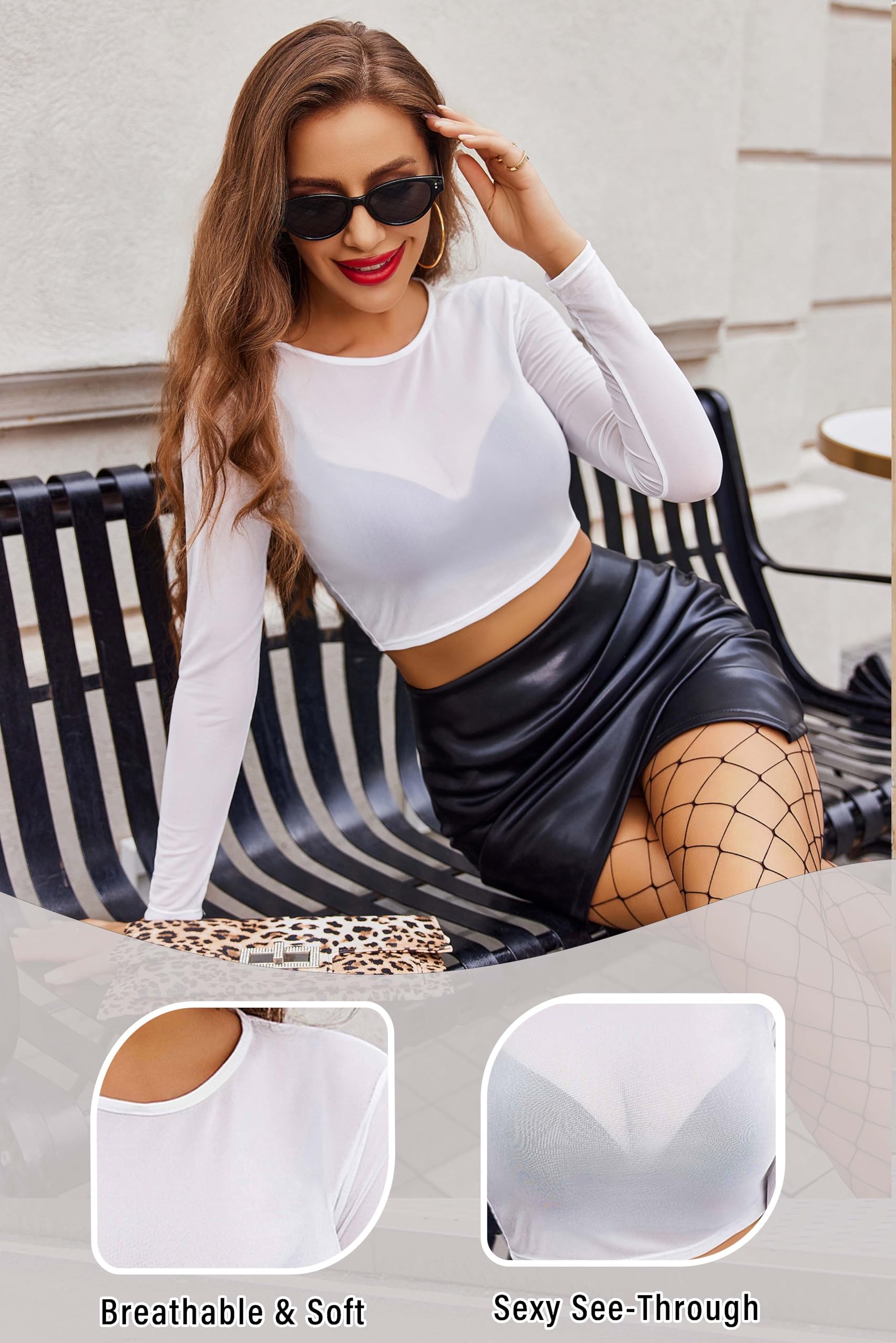 Avidlove Sheer Tops for Women Long Sleeve Sexy Mesh Cropped Tee Blouse See Thru Shirts Y2k Tops White, M