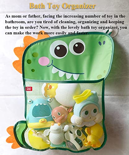 NEXTAKE Baby Bath Toy Organizer, Lovely Cartoon 2 Sided Mesh Hanging Bathtub Toy Holder Quick Dry Mesh Storage Box Large Capacity Tub Toy Storage Bag with 2 Strong Suction Cup Hooks (Dinosaur)