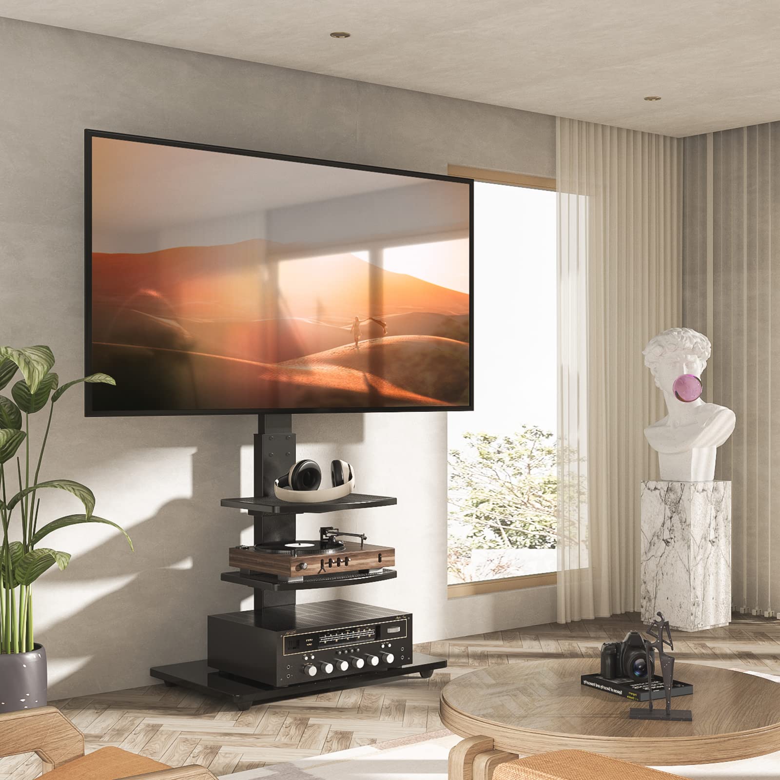 5Rcom Tall Swivel Floor TV Stand with 3 Shelves TV Stand Mount for Most 32 37 47 50 55 60 65 70 inch Plasma LCD LED OLED Flat Screen or Curved TVs, Tall Narrow Stand with Height Adjustable, Black